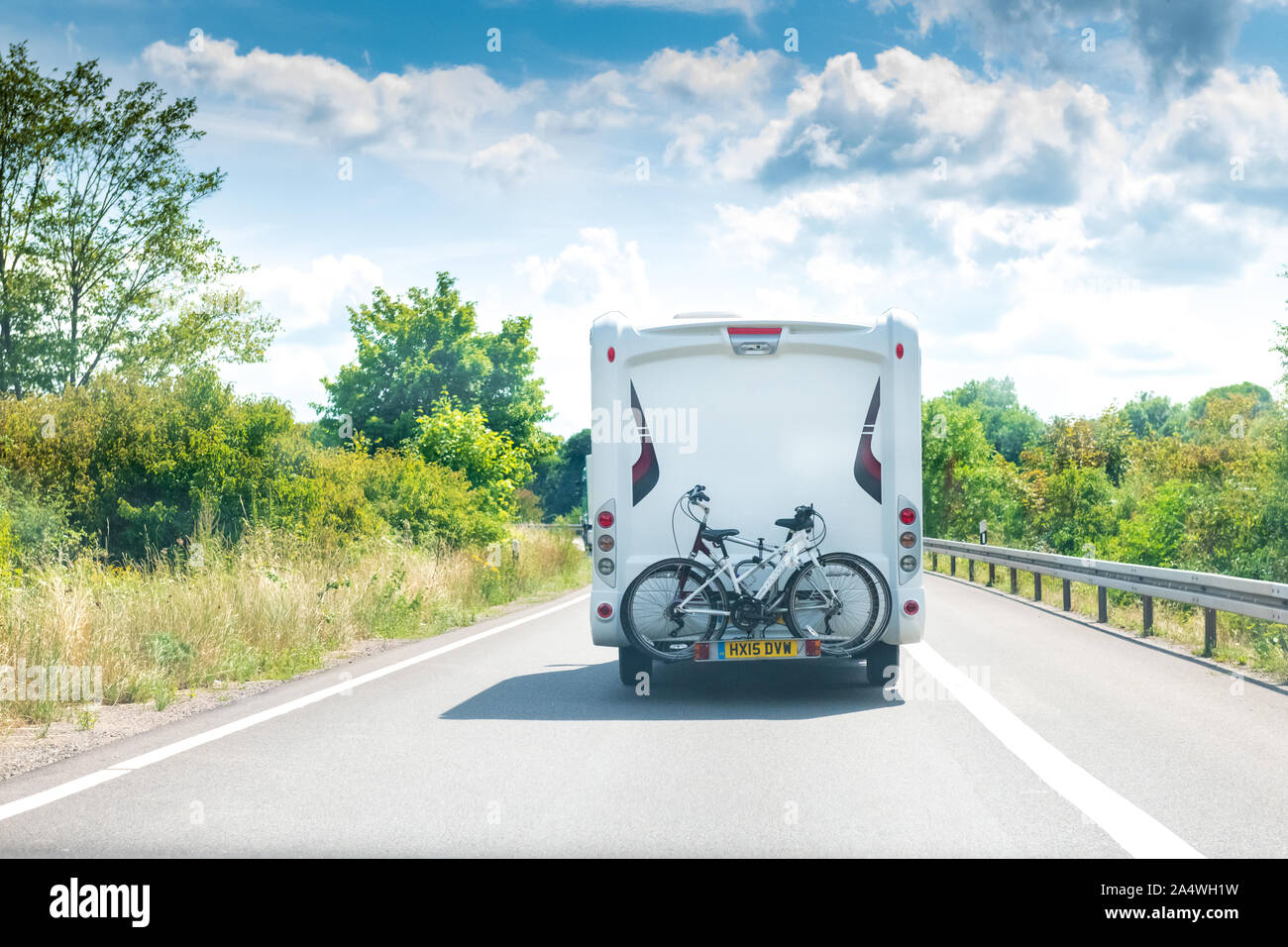 France - August 13, 2019 : English motorhome on a road in France during ...