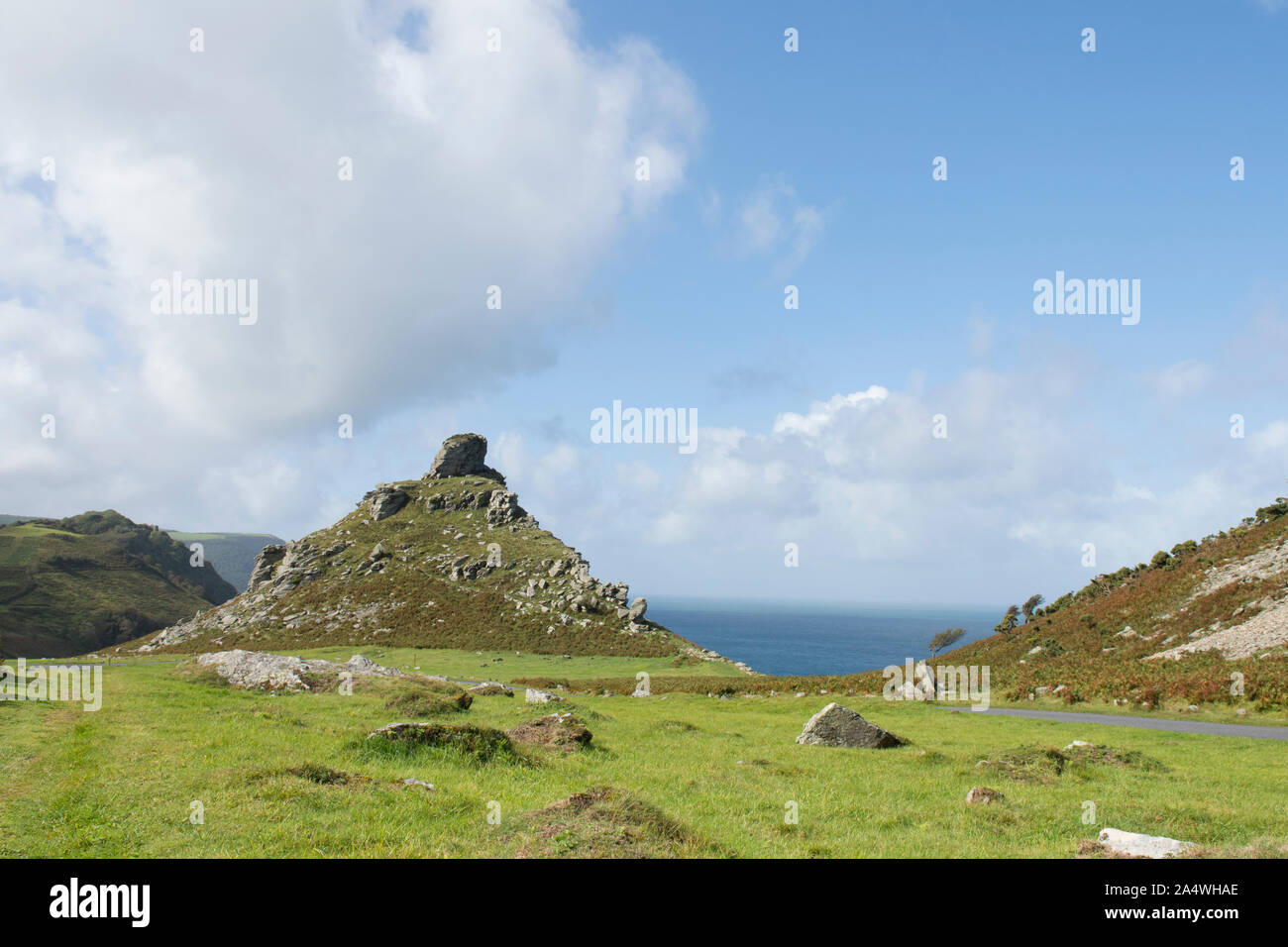 Castle Rock in The Valley of Rocks with the sea beyond, landscape ...