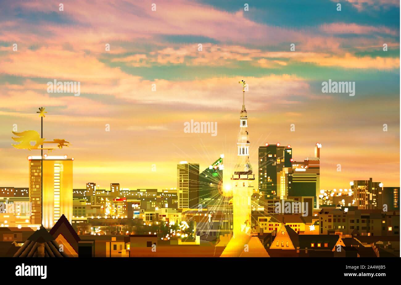 abstract green sunset background with panorama of Tallinn Stock Vector ...
