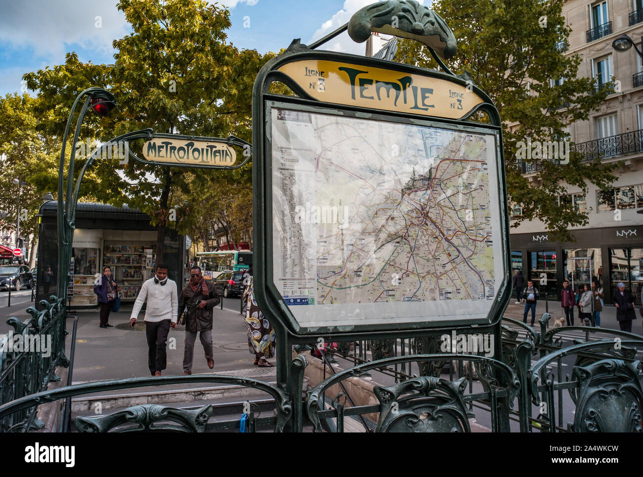 Paris, France - 3rd October, 2019: People exiting Temple subway stop ...