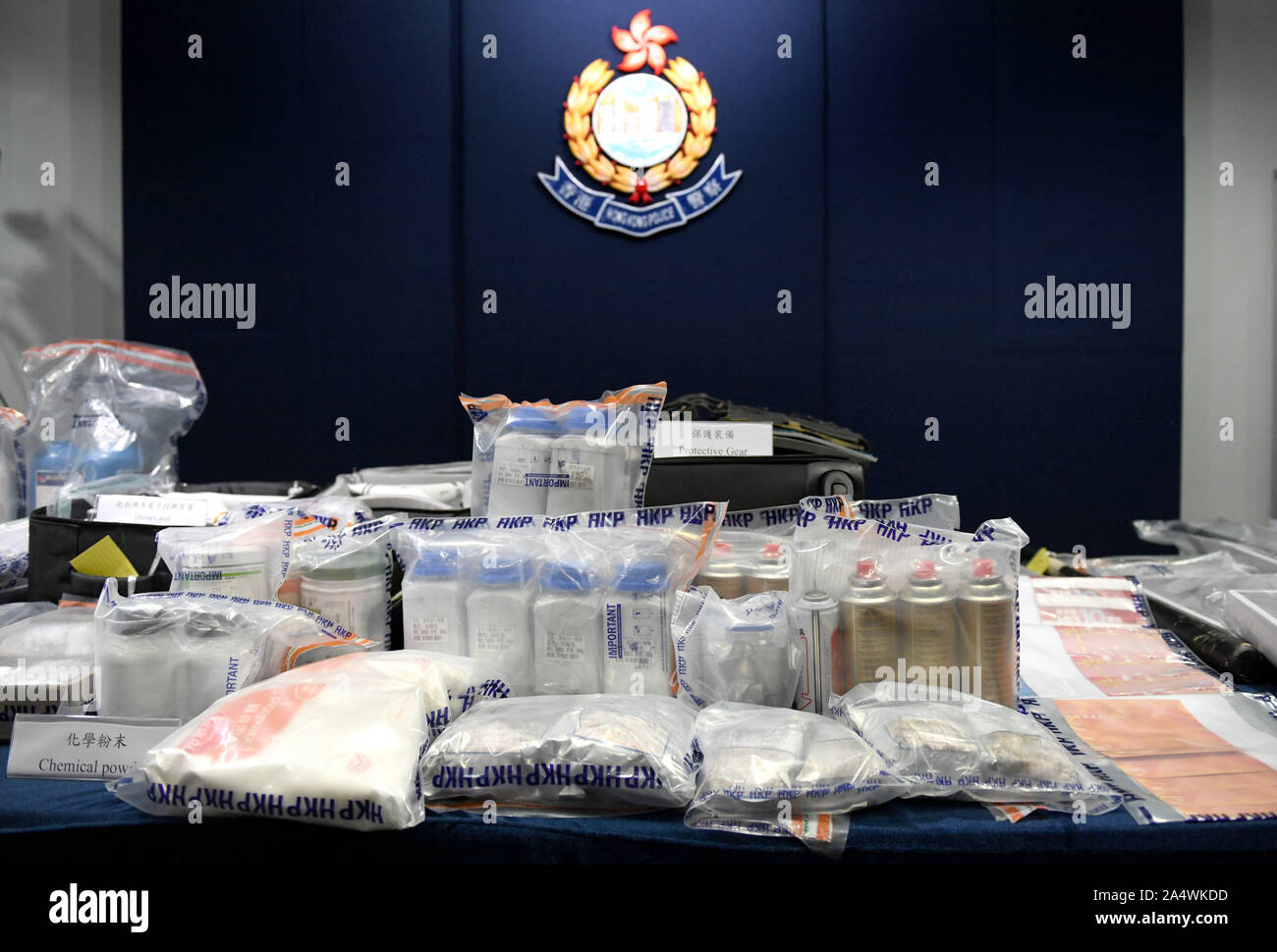 Hong Kong. 16th Oct, 2019. Offensive weapons and materials for making ...