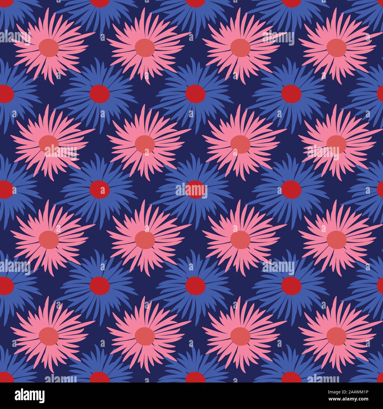 seamless vector pattern with vibrant simple flower heads in geometric ...