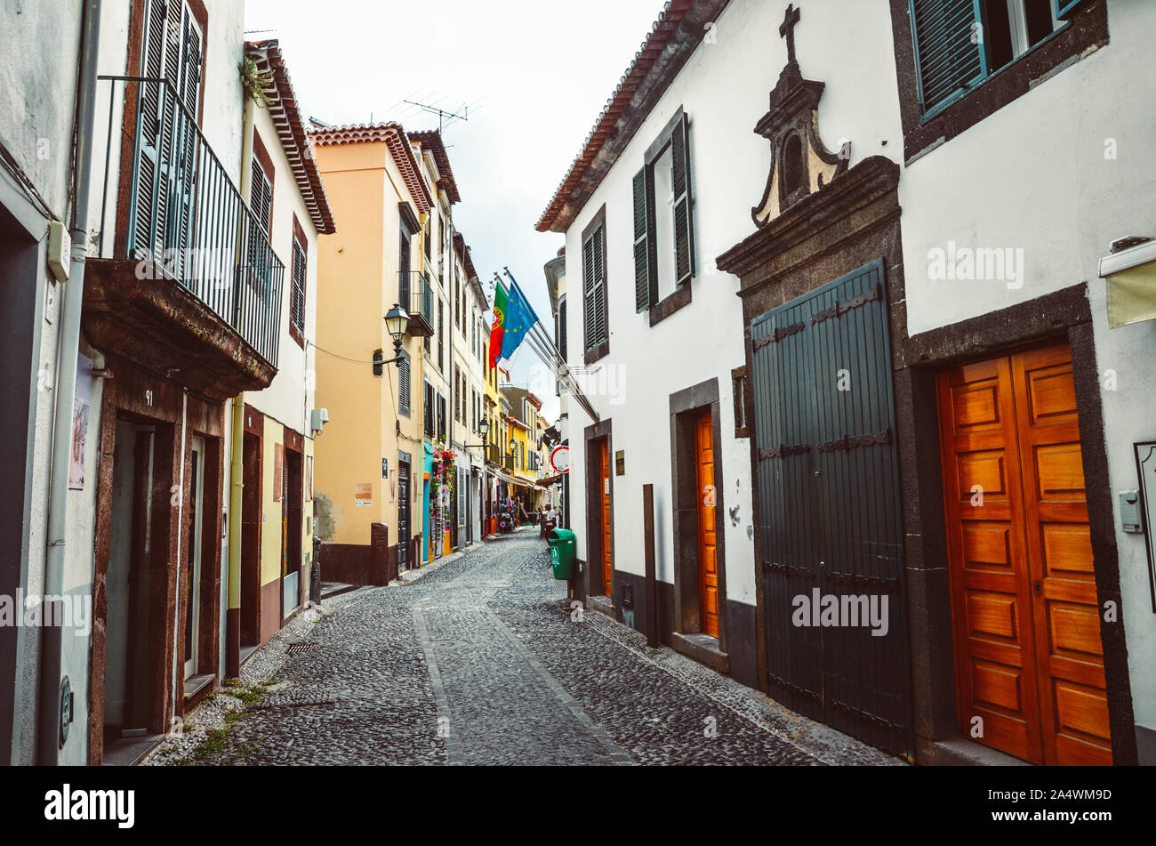 Funchal, Madeira, Portugal - Sep 21, 2019: A cobbled street in the ...