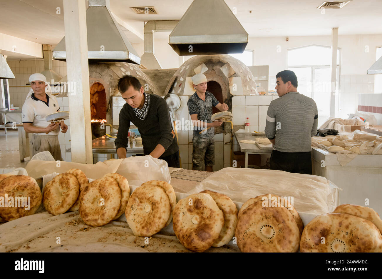 Traditional uzbek bread in a bakery. Chorsu Bazaar is the main bazaar ...