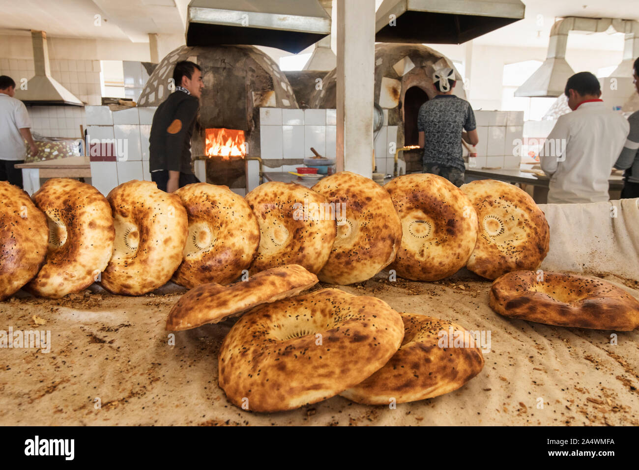 Traditional uzbek bread in a bakery. Chorsu Bazaar is the main bazaar ...