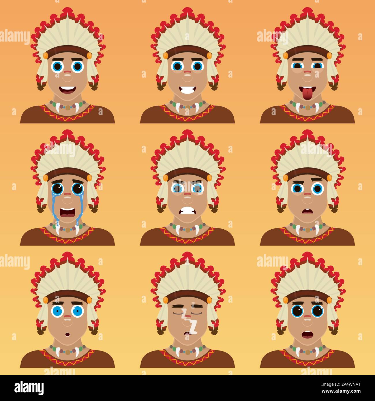 Set of cute american indian emoticons. Various emotions of the ...