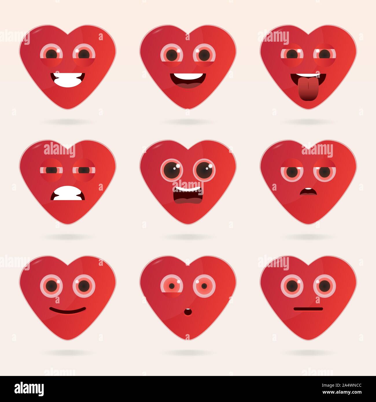 Set of cute heart emoticons. Various emotions of the character. Set of ...