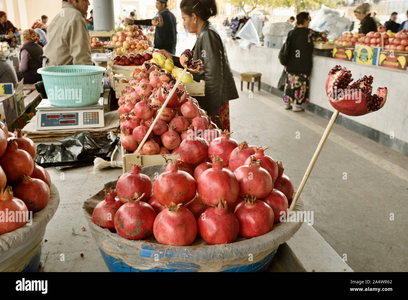 A suggestive display of pomegranates at the Siyob Bazaar. Samarkand, a ...