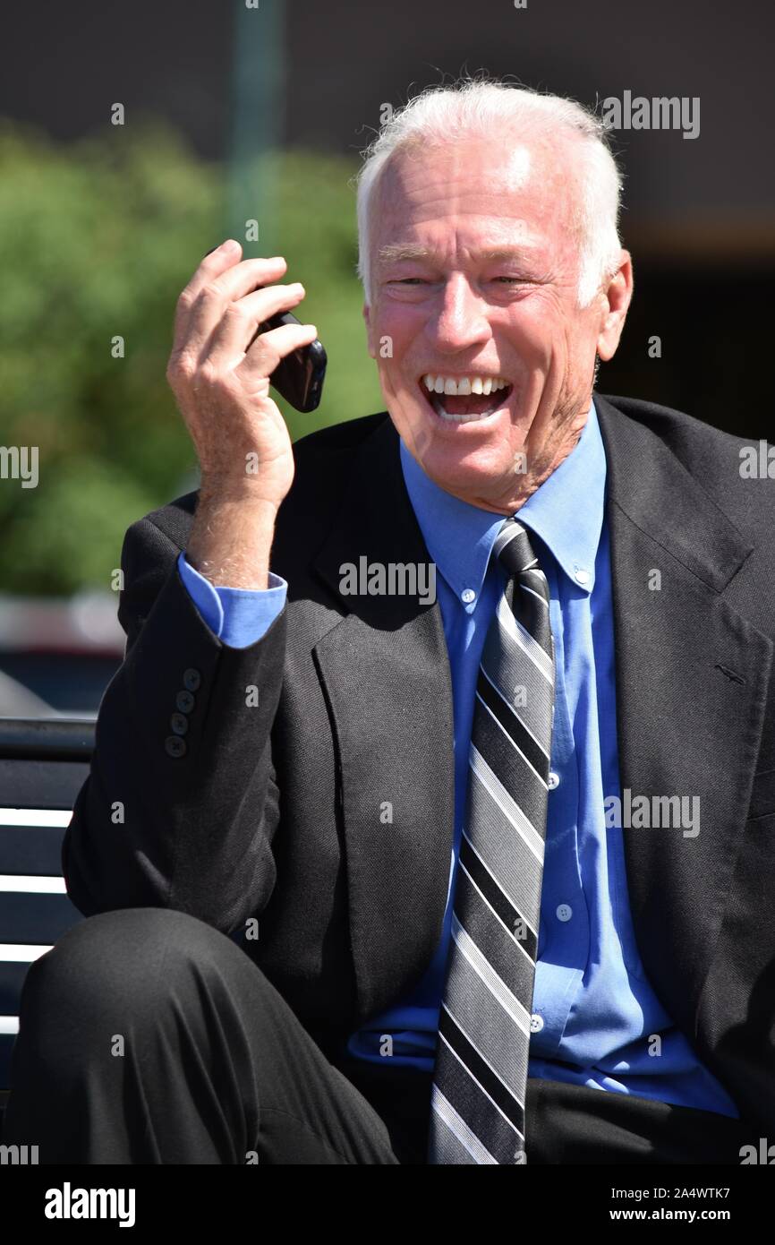 Adult Senior Business Man Using Cell Phone And Happy Sitting Stock ...