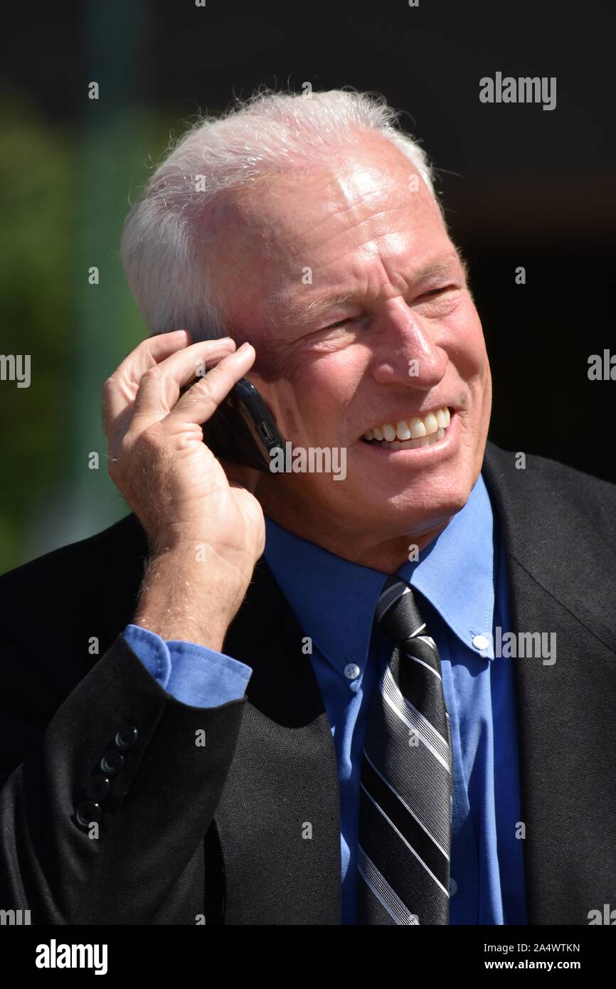 Adult Senior Investor Using Cell Phone And Happy Stock Photo - Alamy