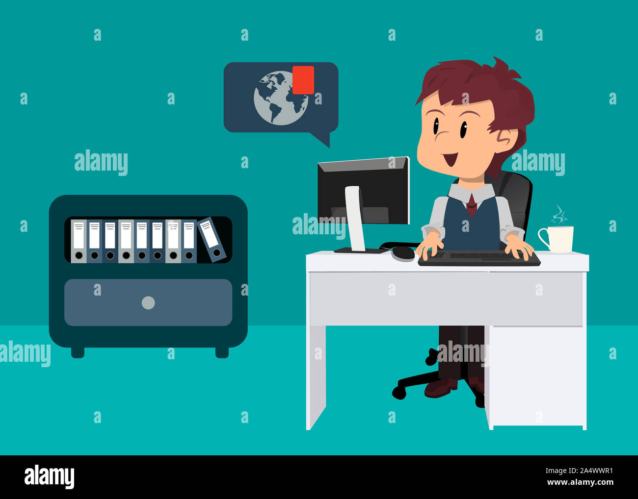 office worker sitting at his desk in front of the computer receiving a ...