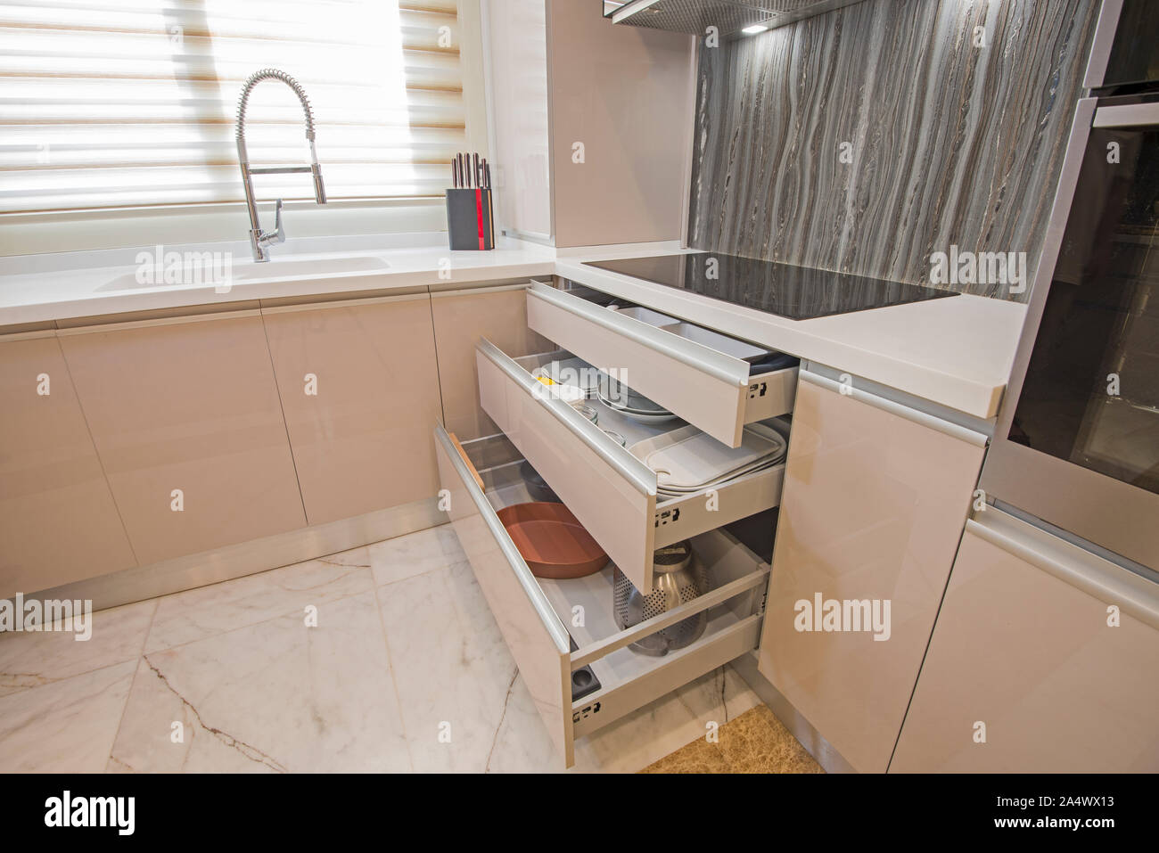 Interior design decor showing modern kitchen with drawers in luxury ...