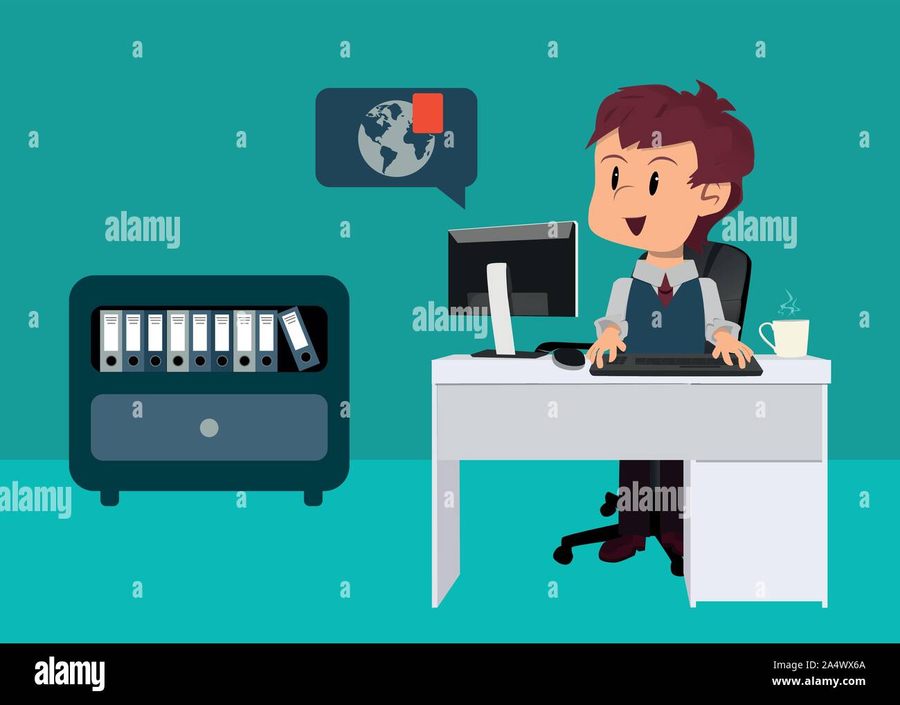 office worker sitting at his desk in front of the computer receiving a ...