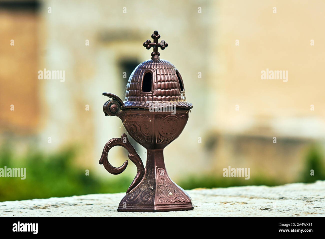 Brass, small censer in an Orthodox monastery on the island of Crete ...