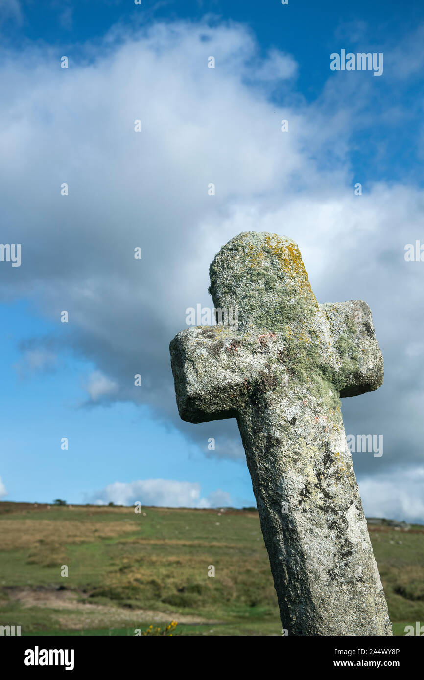 The ancient Windy Post granite cross in Dartmoor National Park, Devon ...
