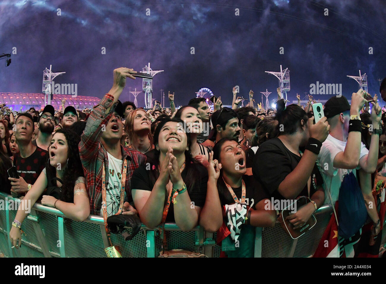 Rio de Janeiro, Brazil, October 4, 2019. Fans during concert on the ...