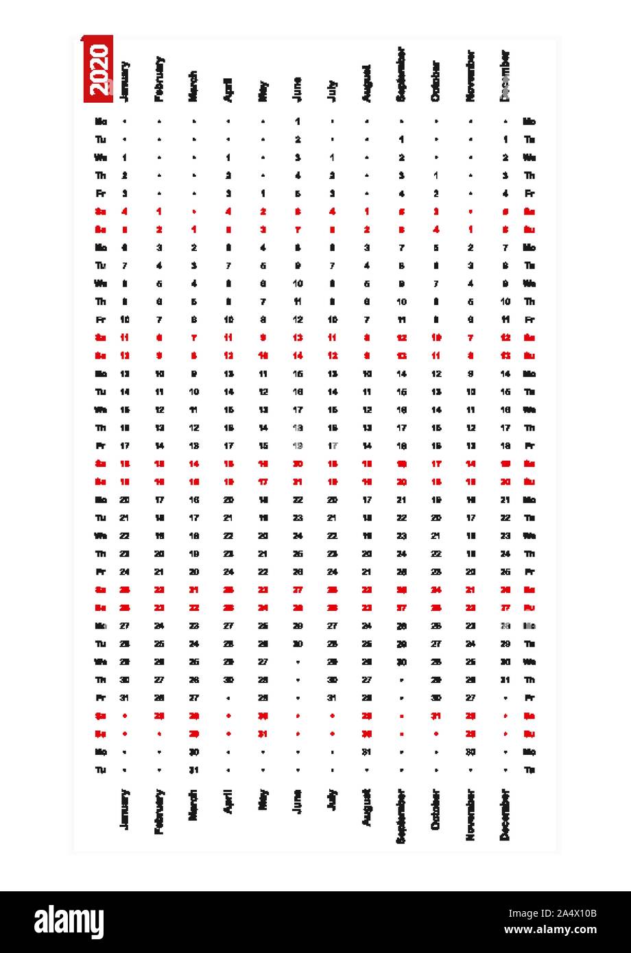 One row vertical calendar 2020, monday first day of the week. Vector ...