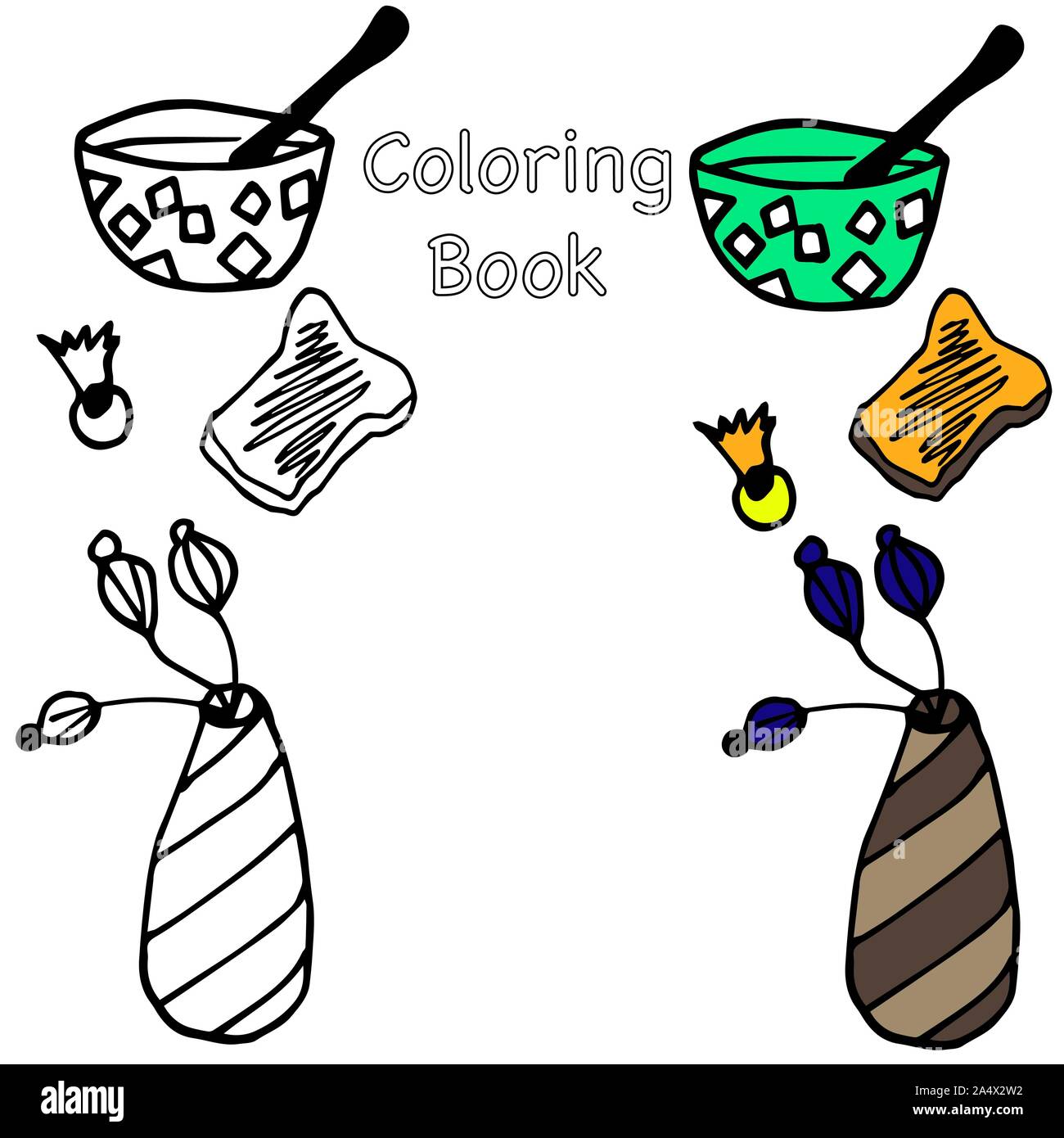 Doodle vector illustration. Icons for breakfast, ornament. Colored ...