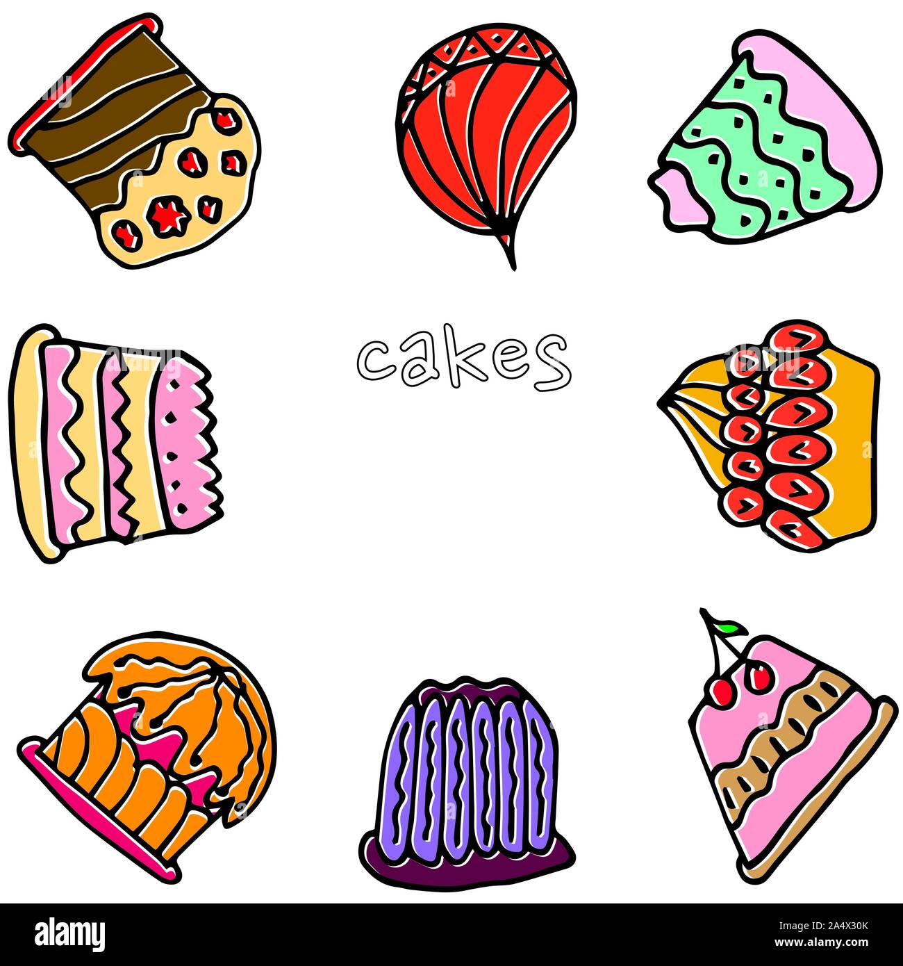 Set of vector cakes with cream or fruits, Illustration on white ...