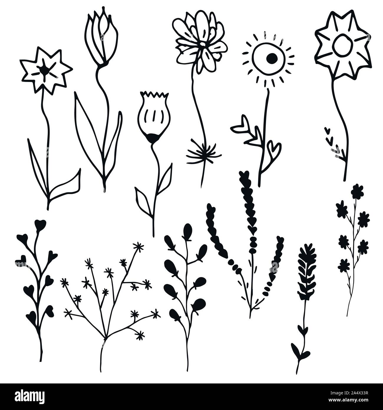 Set of black and white vector floral greeting card with blooming garden ...