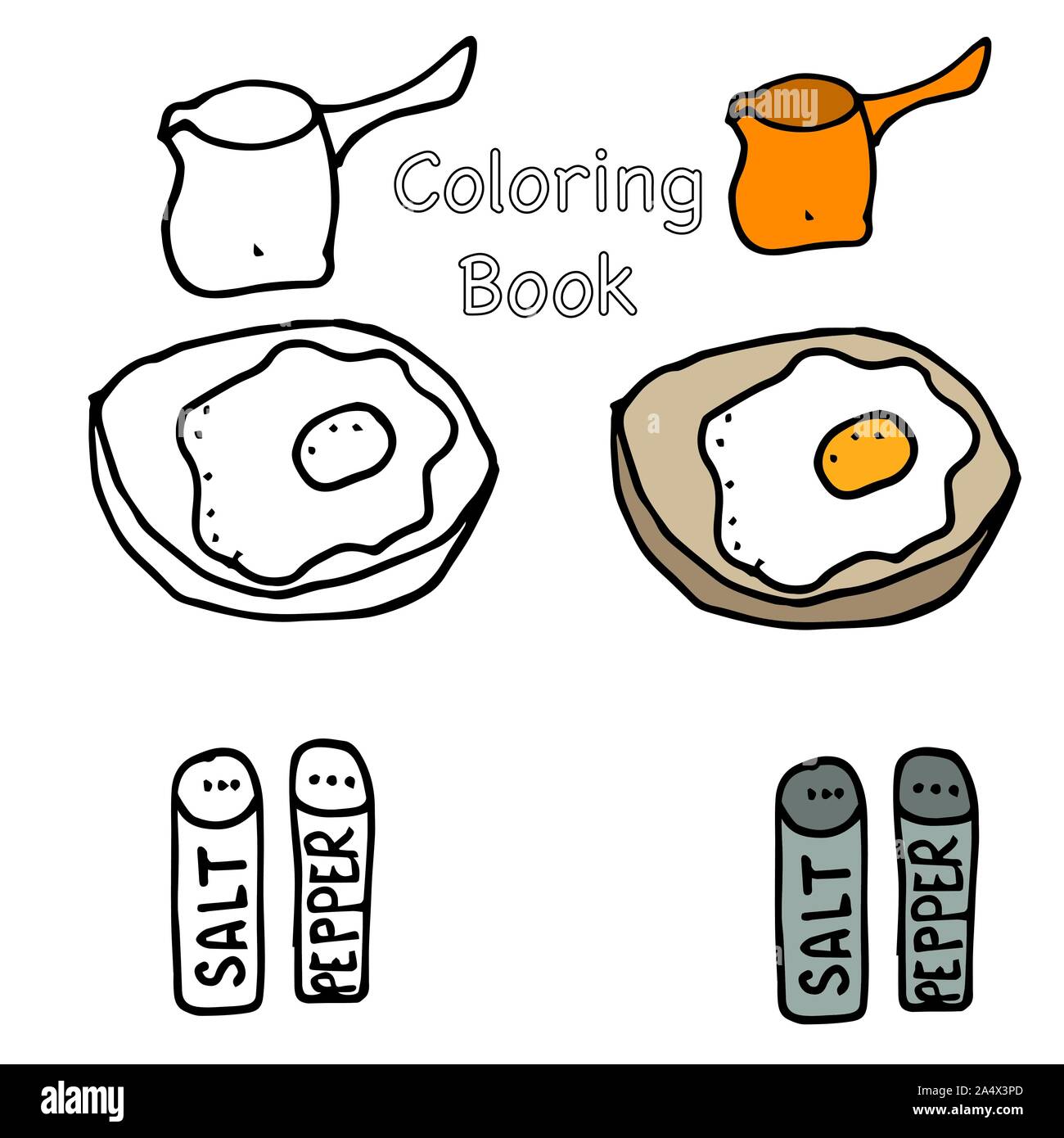 Doodle vector illustration. Icons for breakfast, ornament. Colored ...