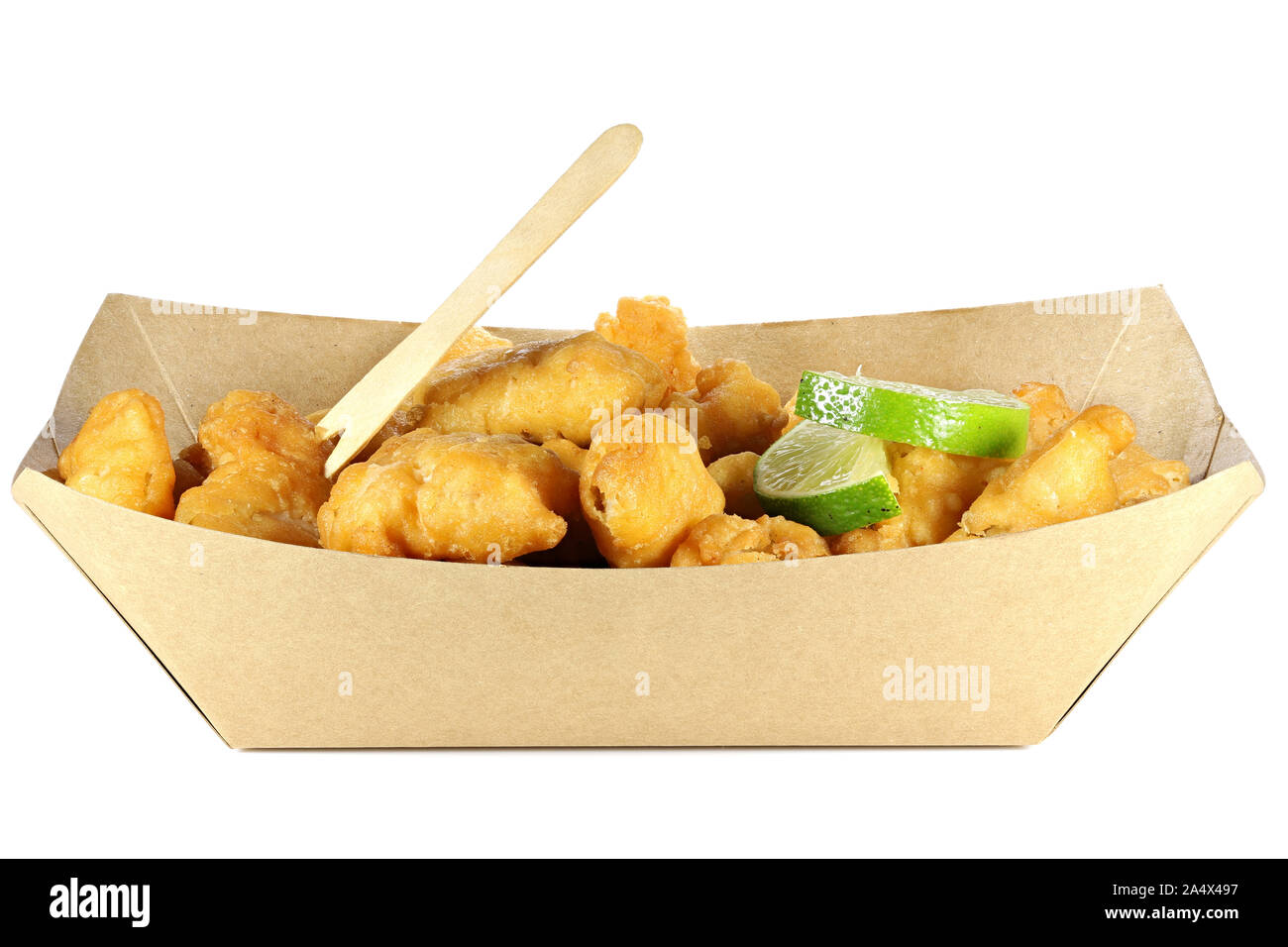 Kibbeling in a cardboard tray isolated on white background. Kibbeling ...
