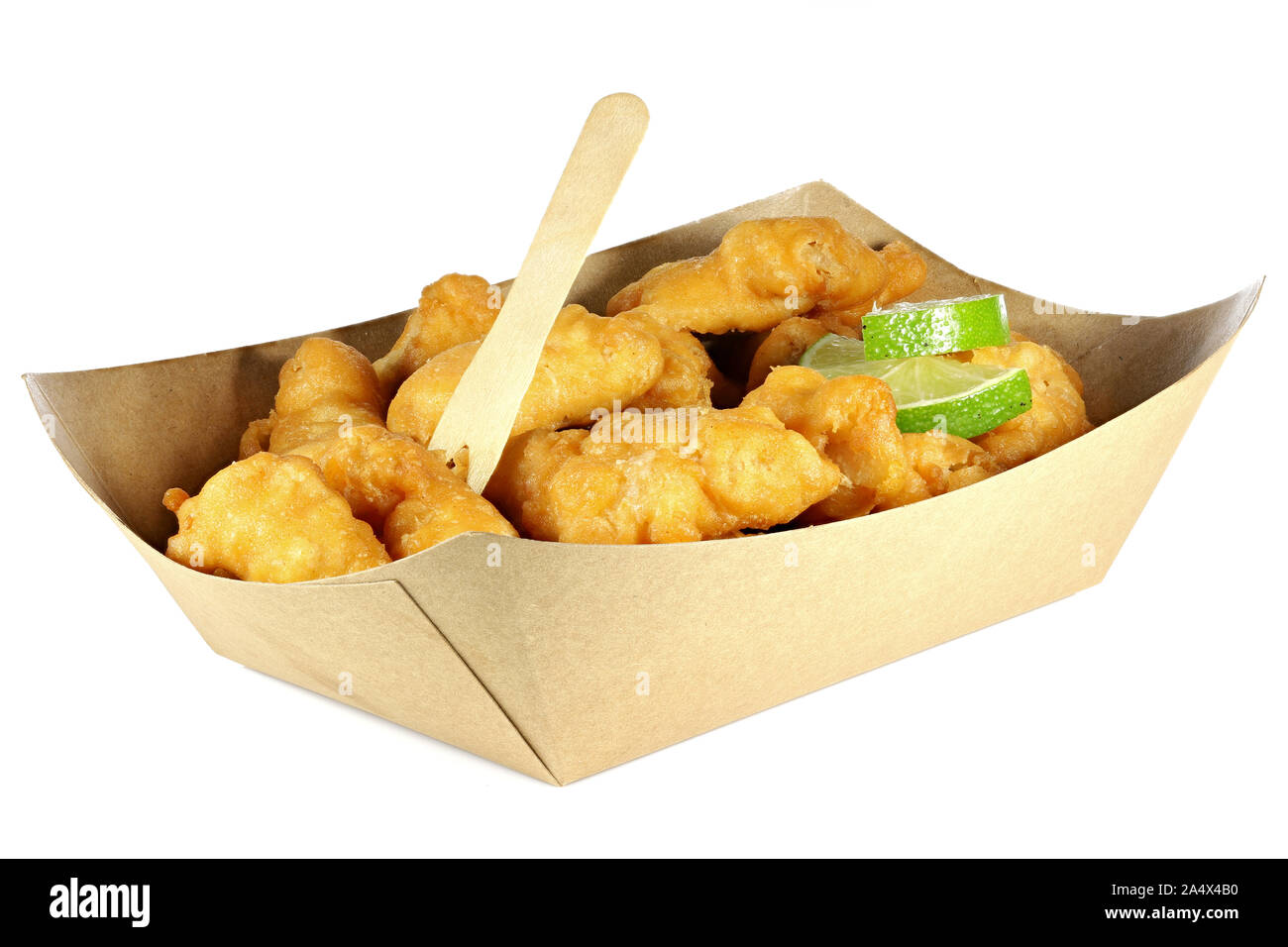 Kibbeling in a cardboard tray isolated on white background. Kibbeling ...