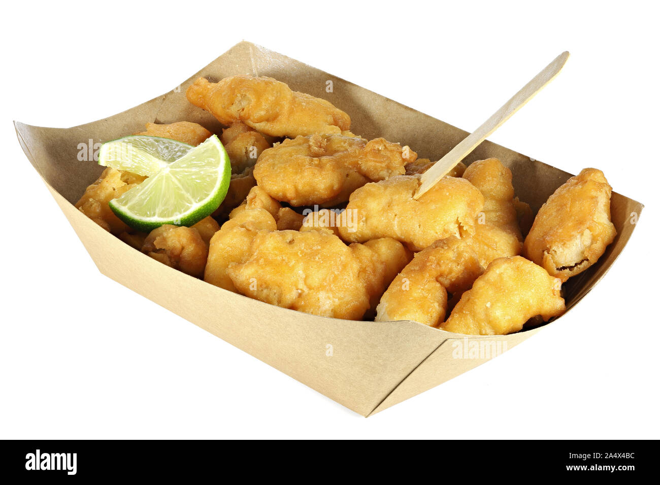 Kibbeling in a cardboard tray isolated on white background. Kibbeling ...