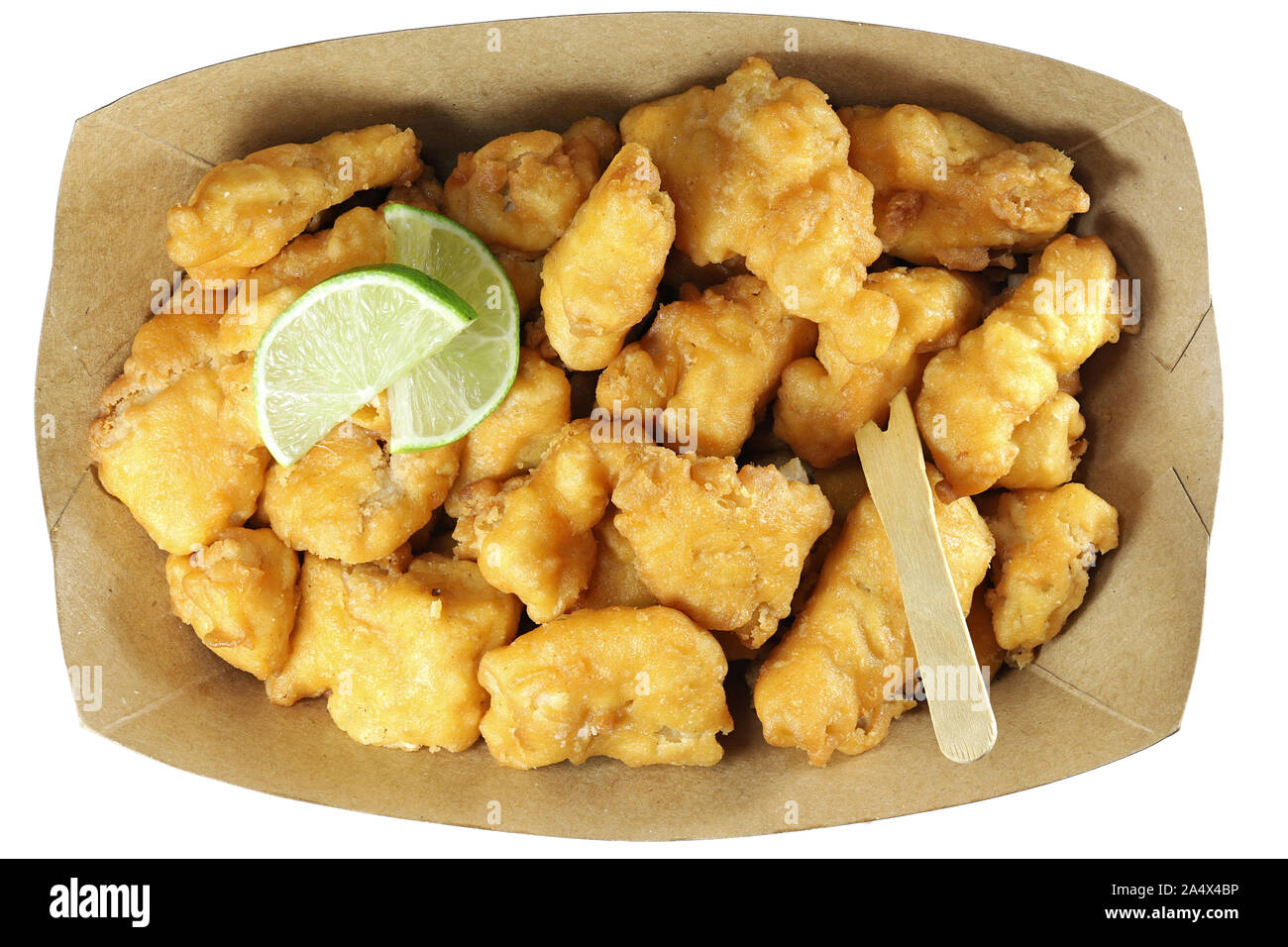 Kibbeling in a cardboard tray isolated on white background. Kibbeling ...