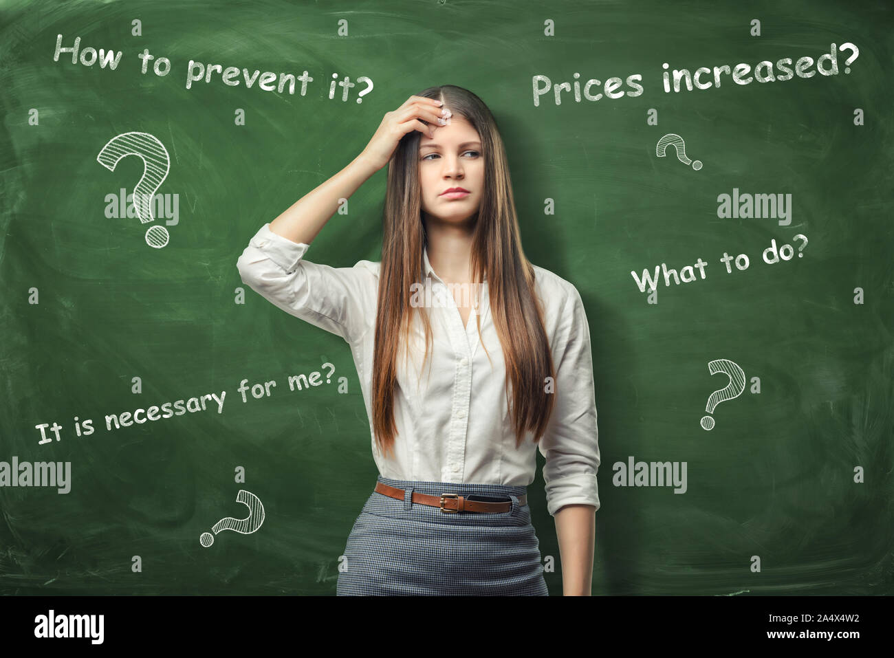 Beautiful businesswoman holding hand on her forehead and thinking about ...