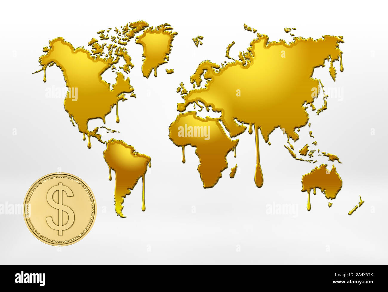 Golden outlines of world map with smudges and big coin Stock Photo - Alamy