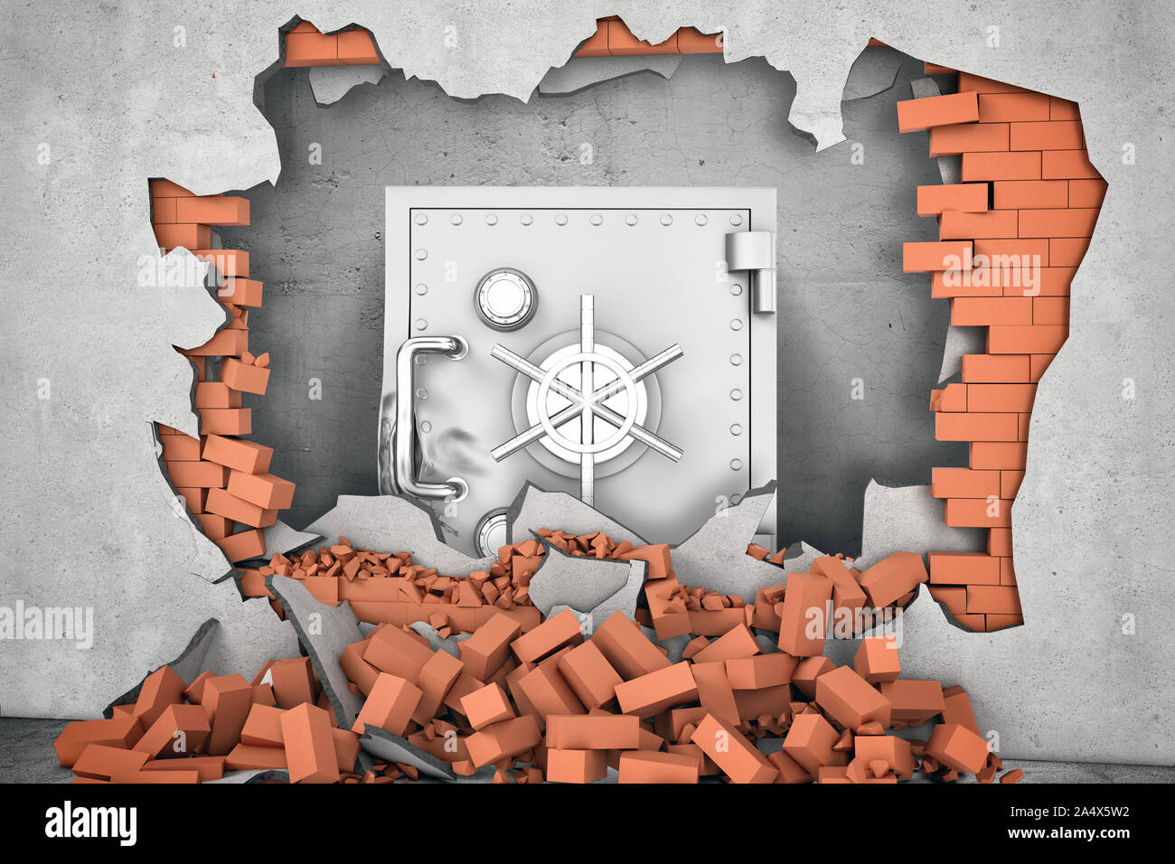 Metal damaged safety box standing near the hole in the wall with a pile ...