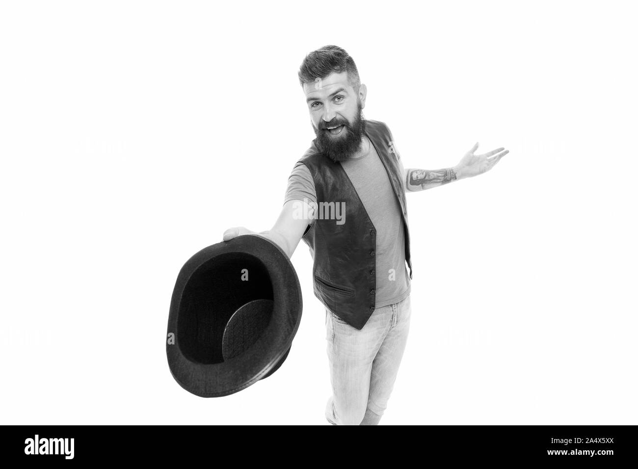 Tipping his hat as a salutation. Cheerful man greeting with hat ...