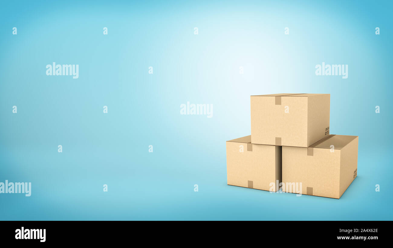 Three brown carton boxes closed with a tape and placed together on blue ...