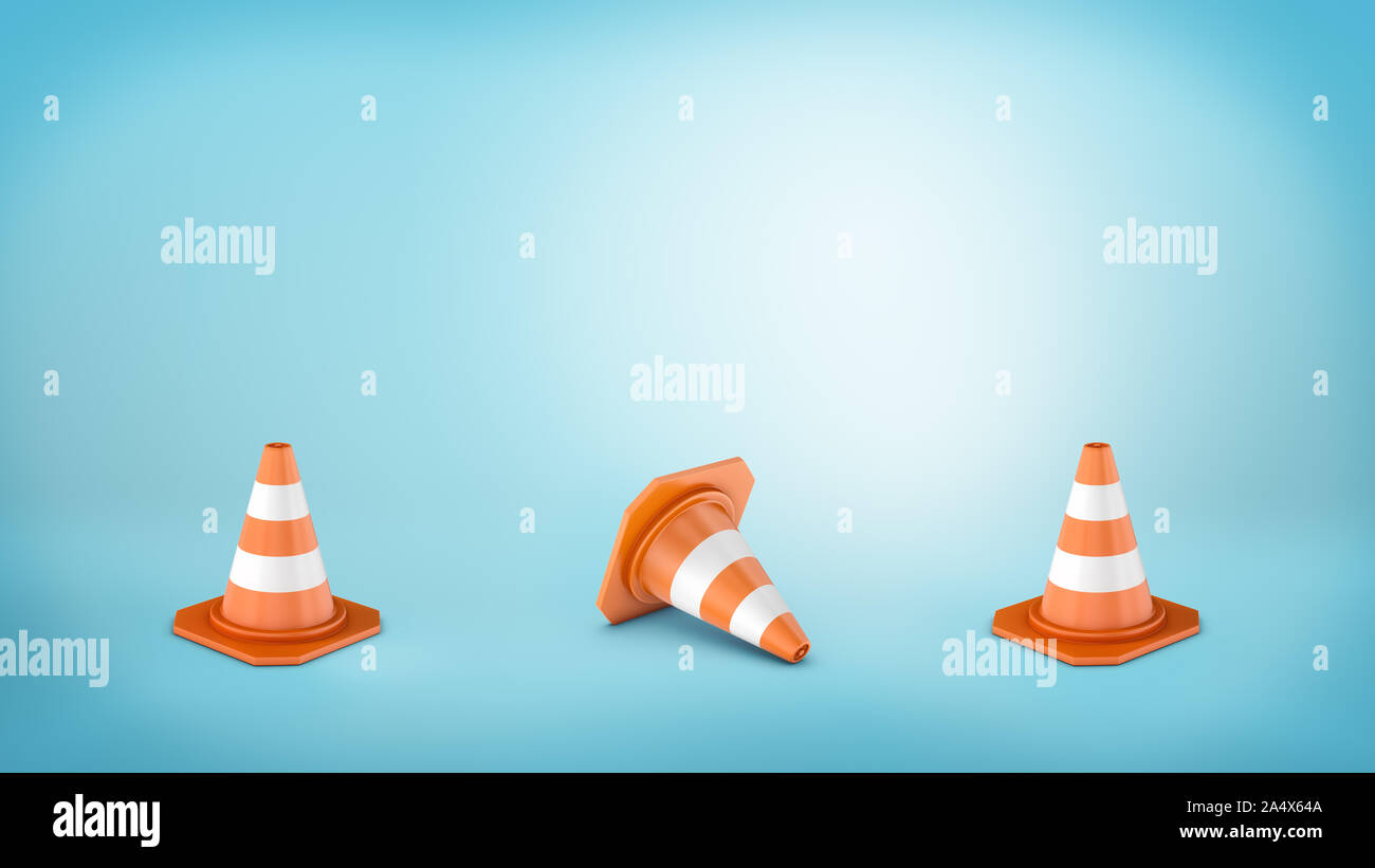 Three striped traffic cones placed on blue background and the middle ...