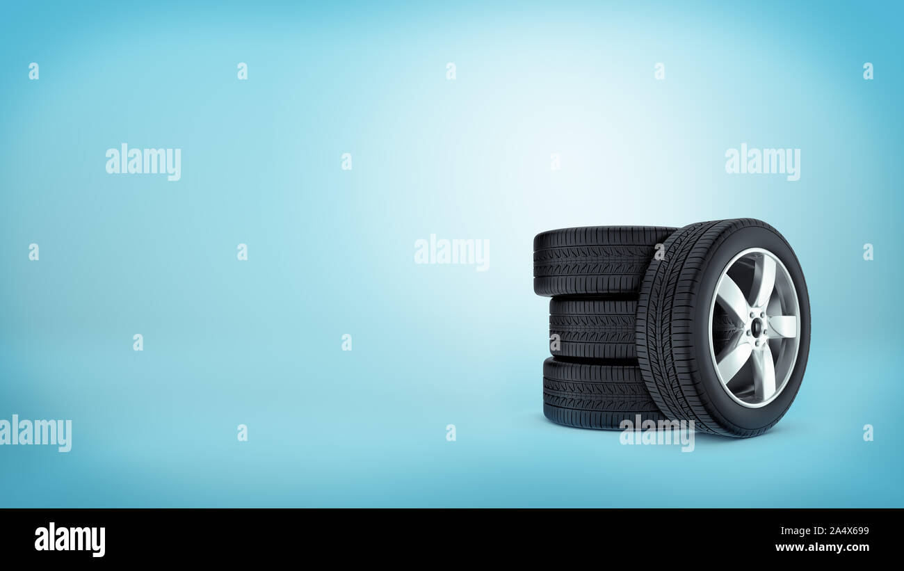 3d rendering of a three car tires stacked on each other and a forth ...