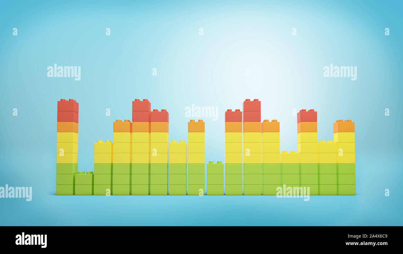 3d rendering of multi-colored toy bricks making up high uneven towers ...