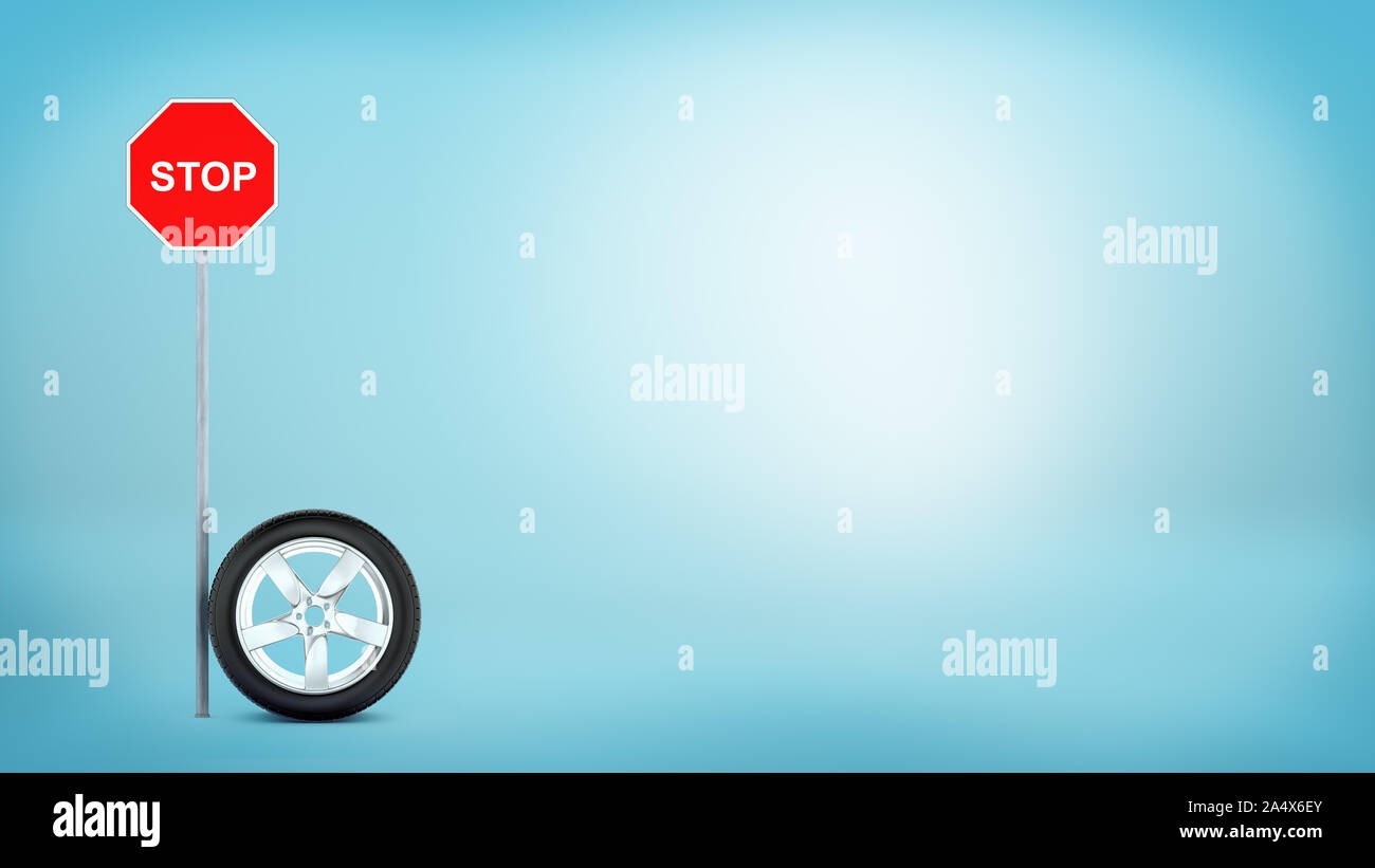 3d rendering of one car chrome wheel standing on its rim beside a 'STOP ...