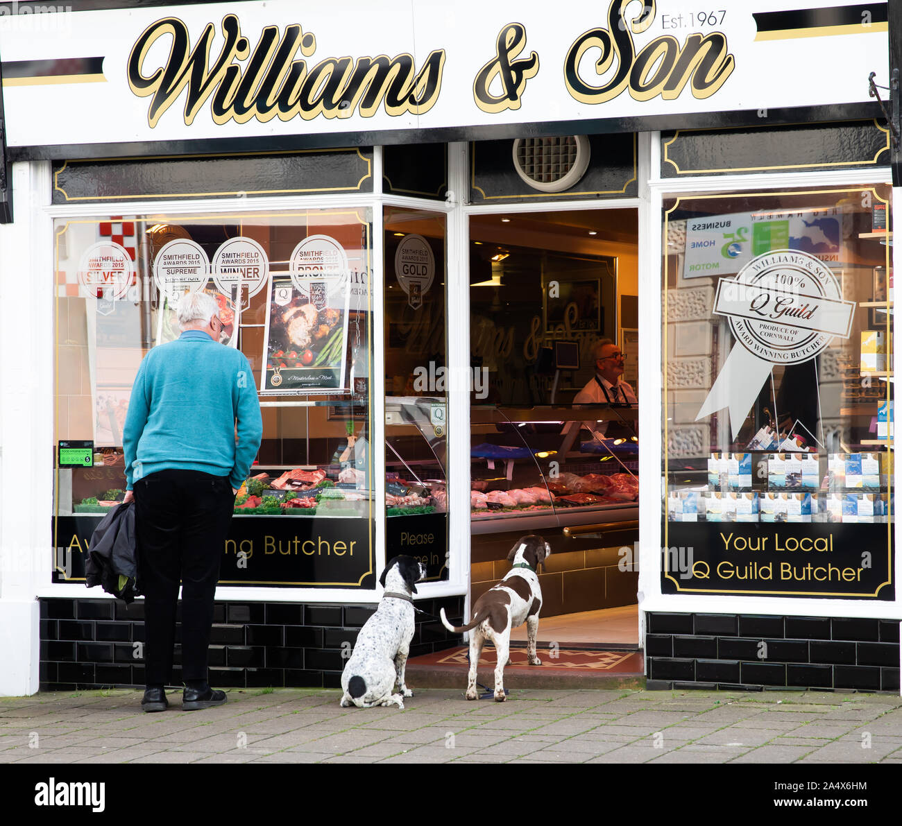 Two Spaniels wait for their owner outside Williams & Son butchers shop ...