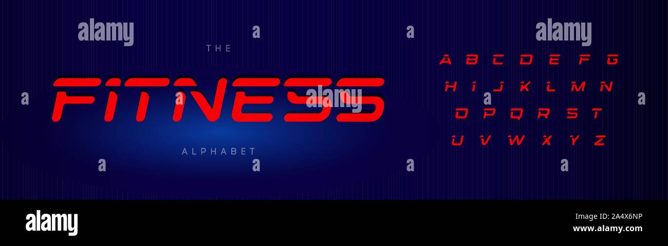 Fitness letters set. Red modern cut style alphabet on blue background ...