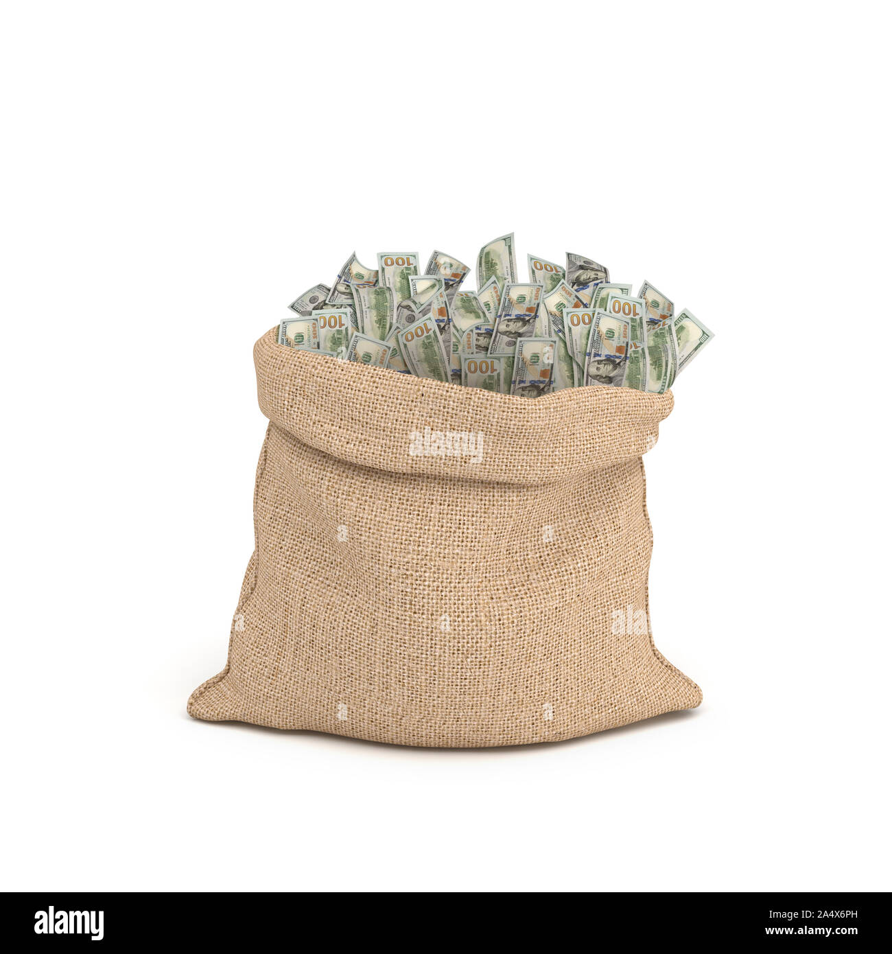 3d rendering of a large brown sack full of 100 dollar bills sticking ...