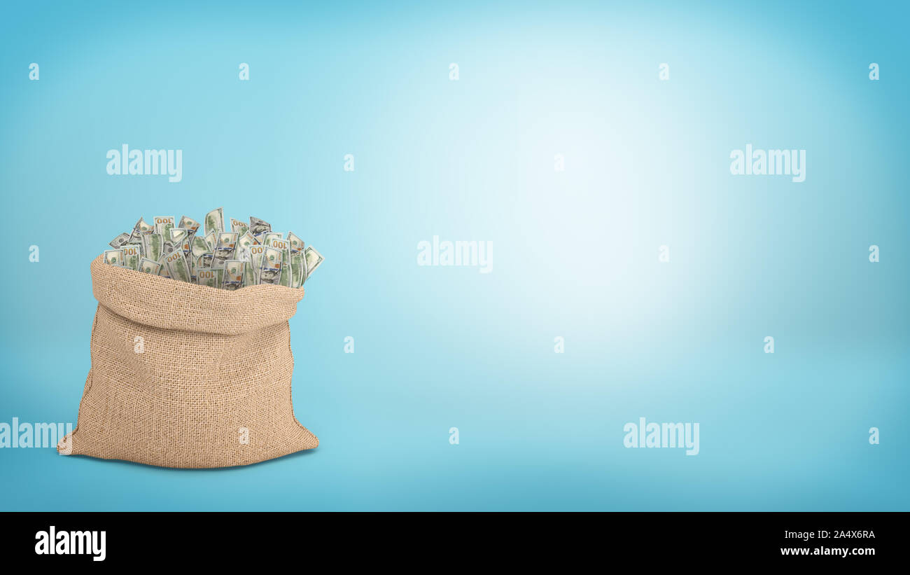 3d rendering of a large brown sack full of 100 dollar bills sticking ...