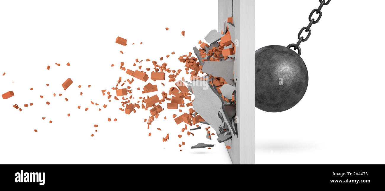 3d rendering of a large swinging wrecking ball crashing at a brick wall ...