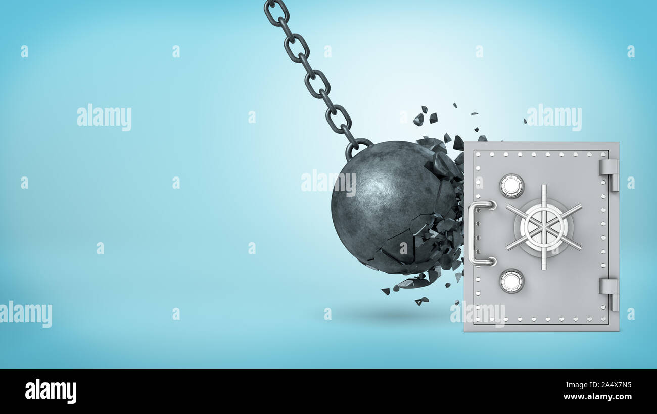 3d rendering of a large wrecking ball hitting a silver old-fashioned ...