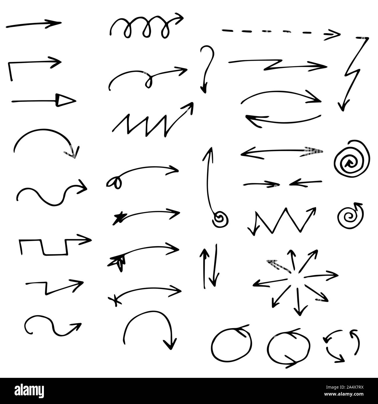 Set of vector curved arrows hand drawn. Sketch doodle style. Collection of pointers Stock Vector ...