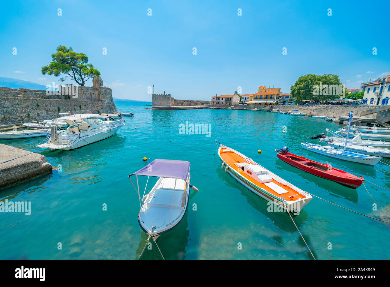 Nafpaktos, Greece - July 22 2019; Picturesque fortified small medieval ...