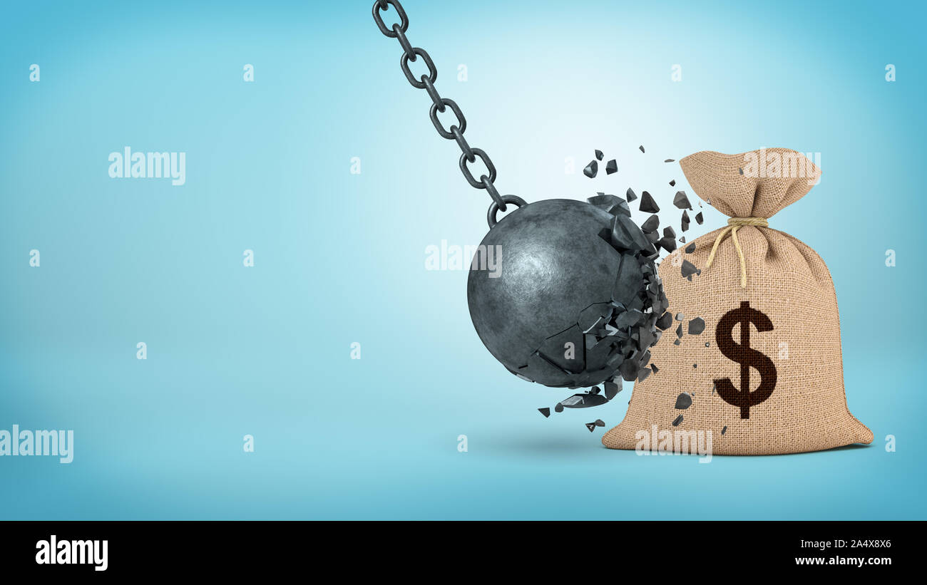 3d rendering of a large wrecking ball hitting a big hessian money bag ...