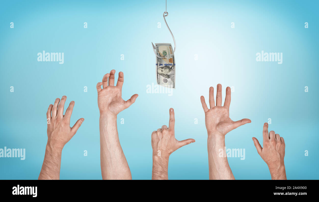 Many pointing, grabbing, greeting male hands aiming for a dollar bill ...