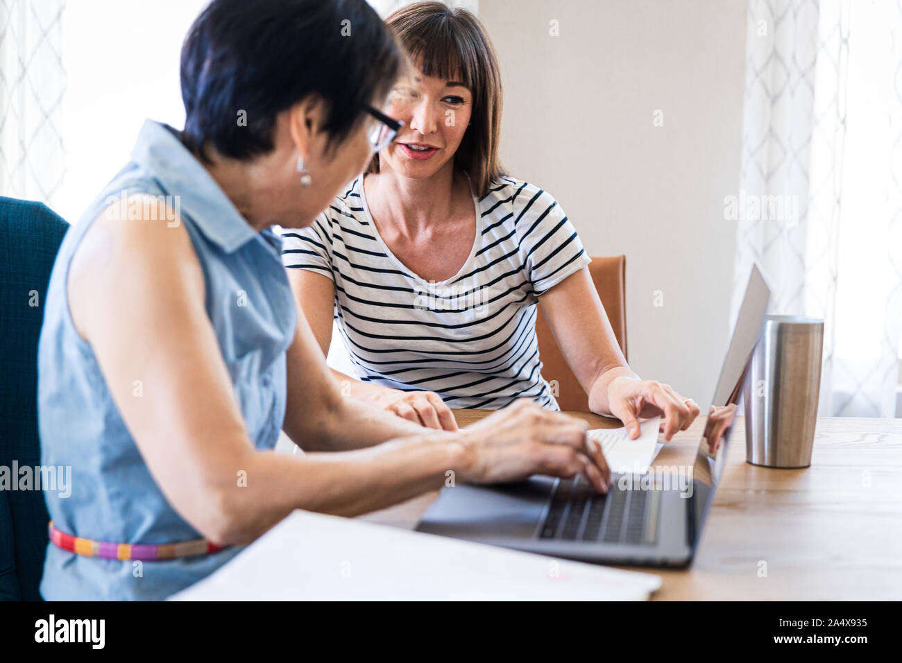 Daughter Explaining Computer to Mother Stock Photo - Alamy