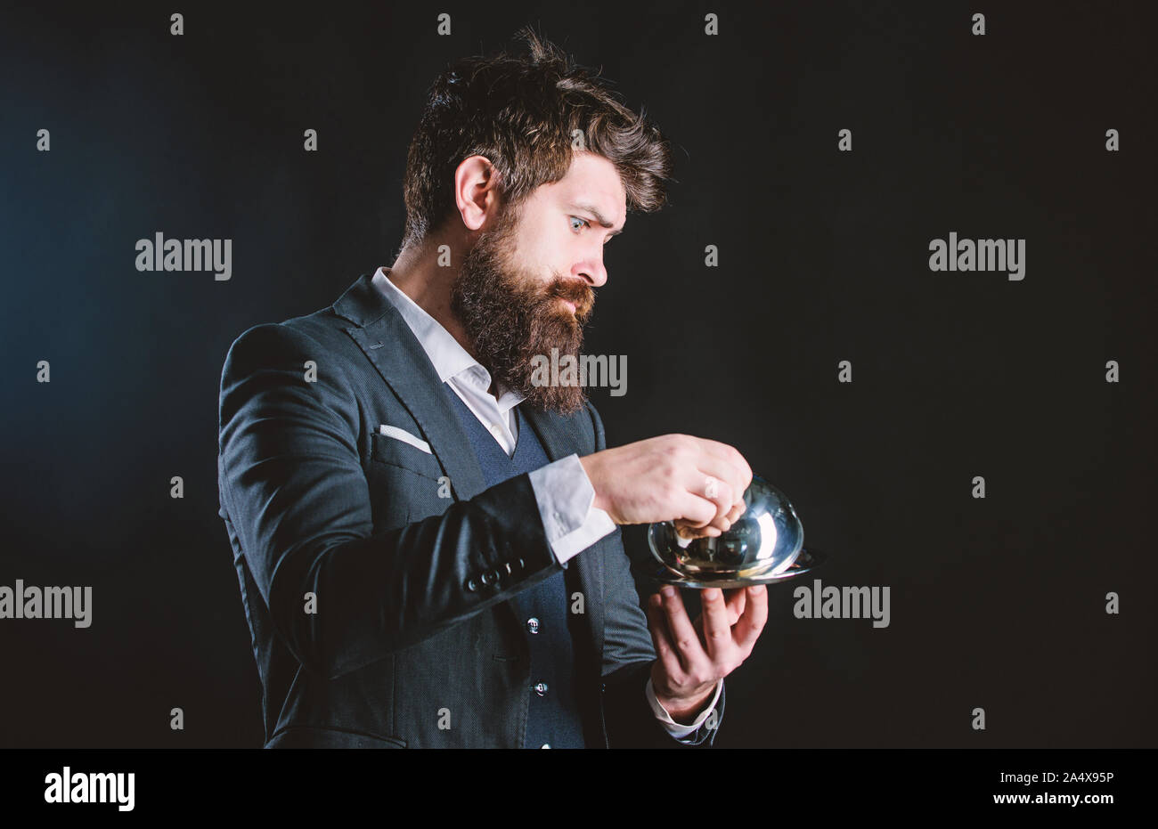 Serving and presentation. Elite luxurious. Secret under cloche ...